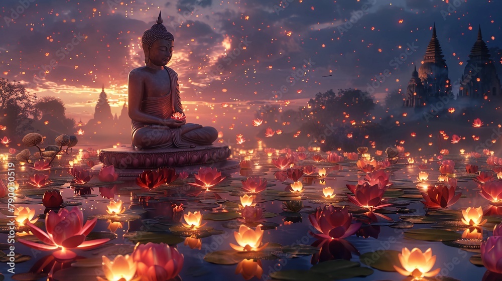 Tranquil Buddha Statue In Meditation Amidst A Pond Of Floating Lotus ...