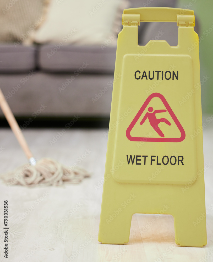 Warning, sign and mop with wet floor for cleaning, service or safety ...