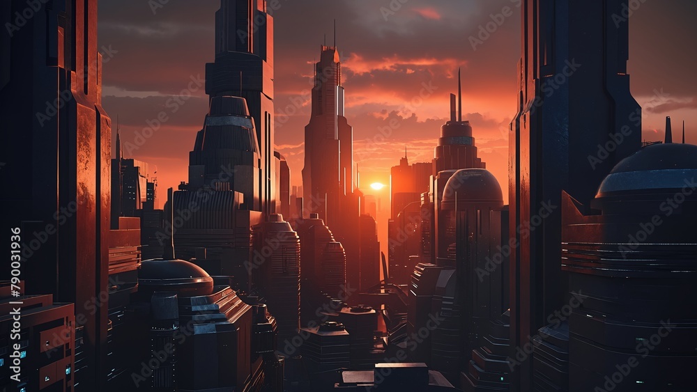 A dystopian cityscape with towering skyscrapers and a blend of ...