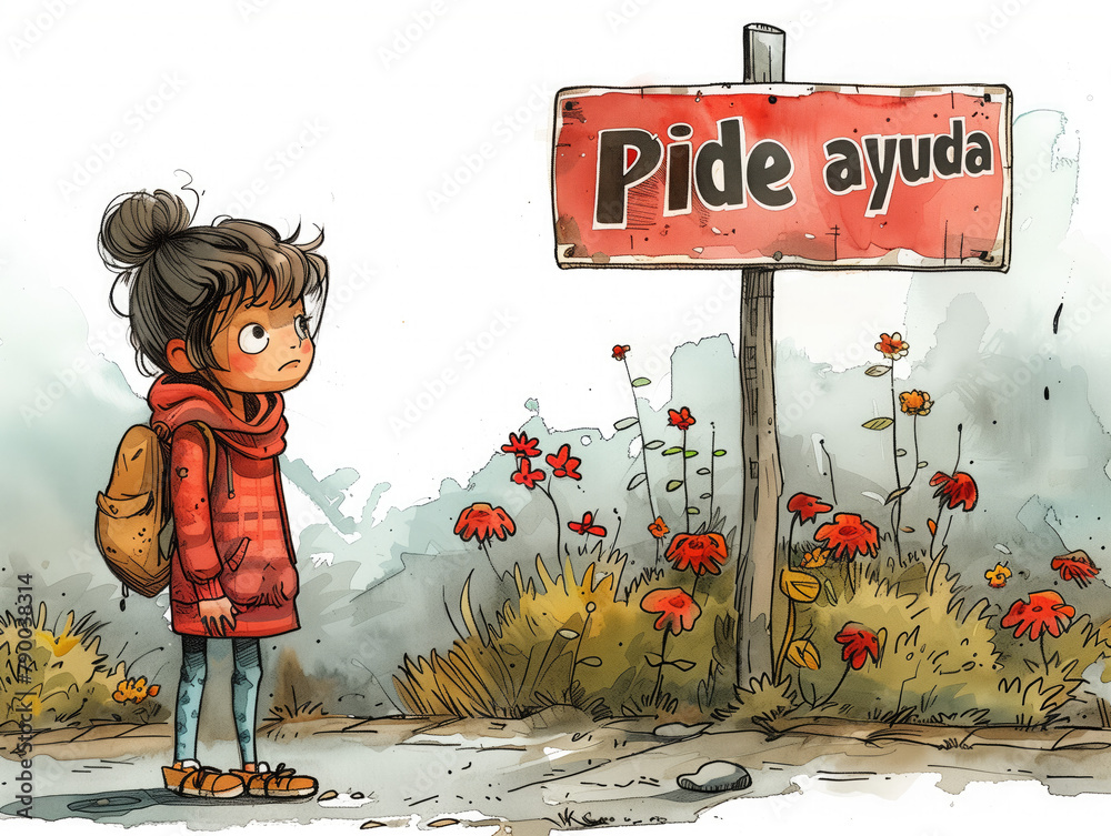 Joven estudiante viendo un cartel con el texto, pide ayuda, expresión ...