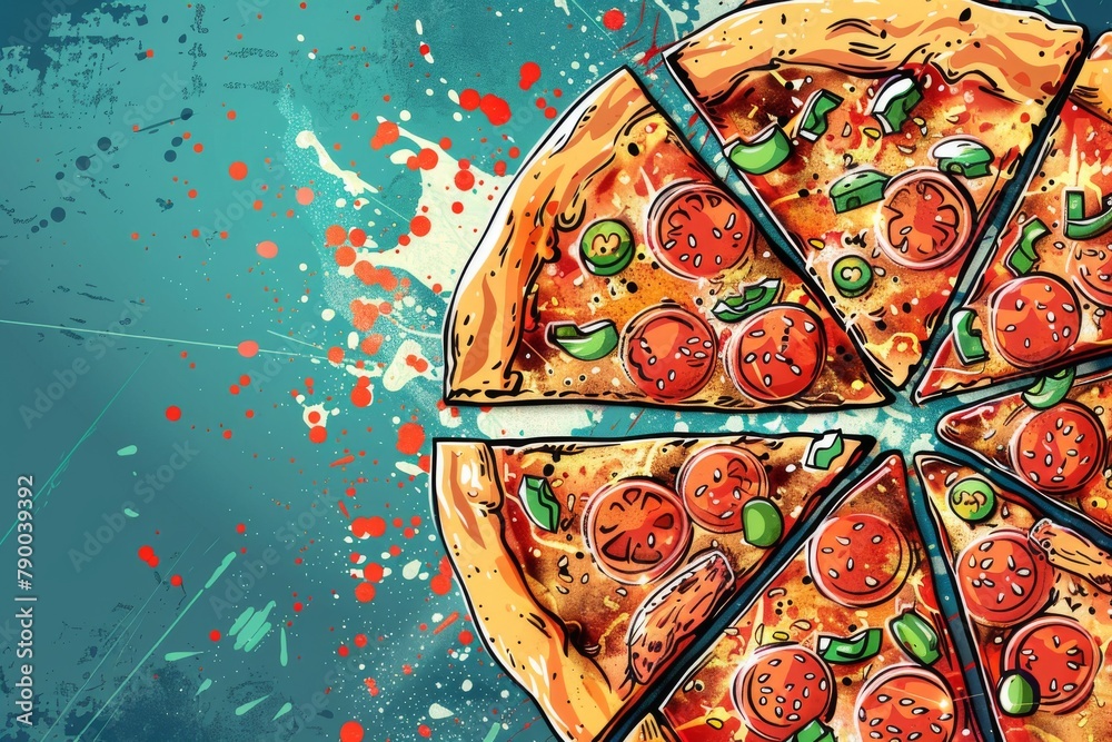 Pepperoni pizza slices with dynamic splatter effect in a pop art style ...