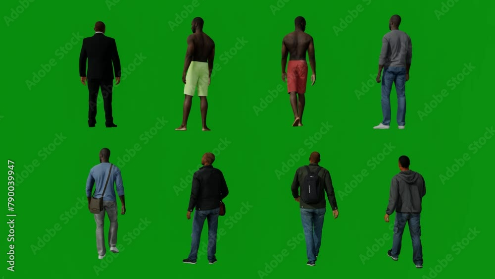 3d people in chroma k background green screen 8 black men walking from ...