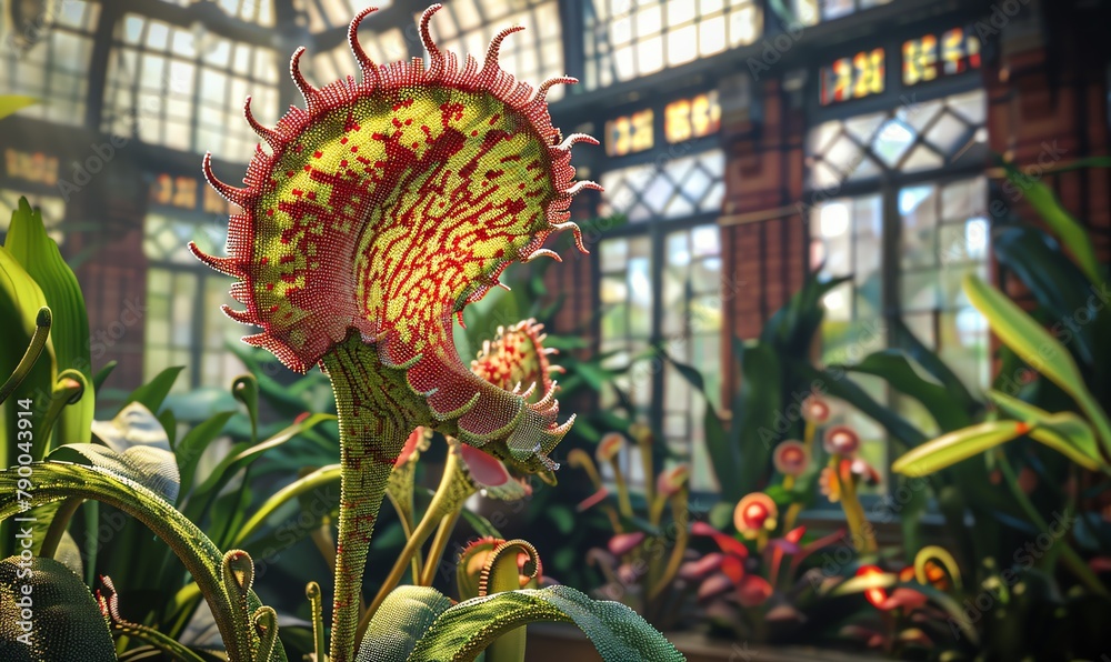 Digital pixel art, depict a rare carnivorous plant in a digitally ...