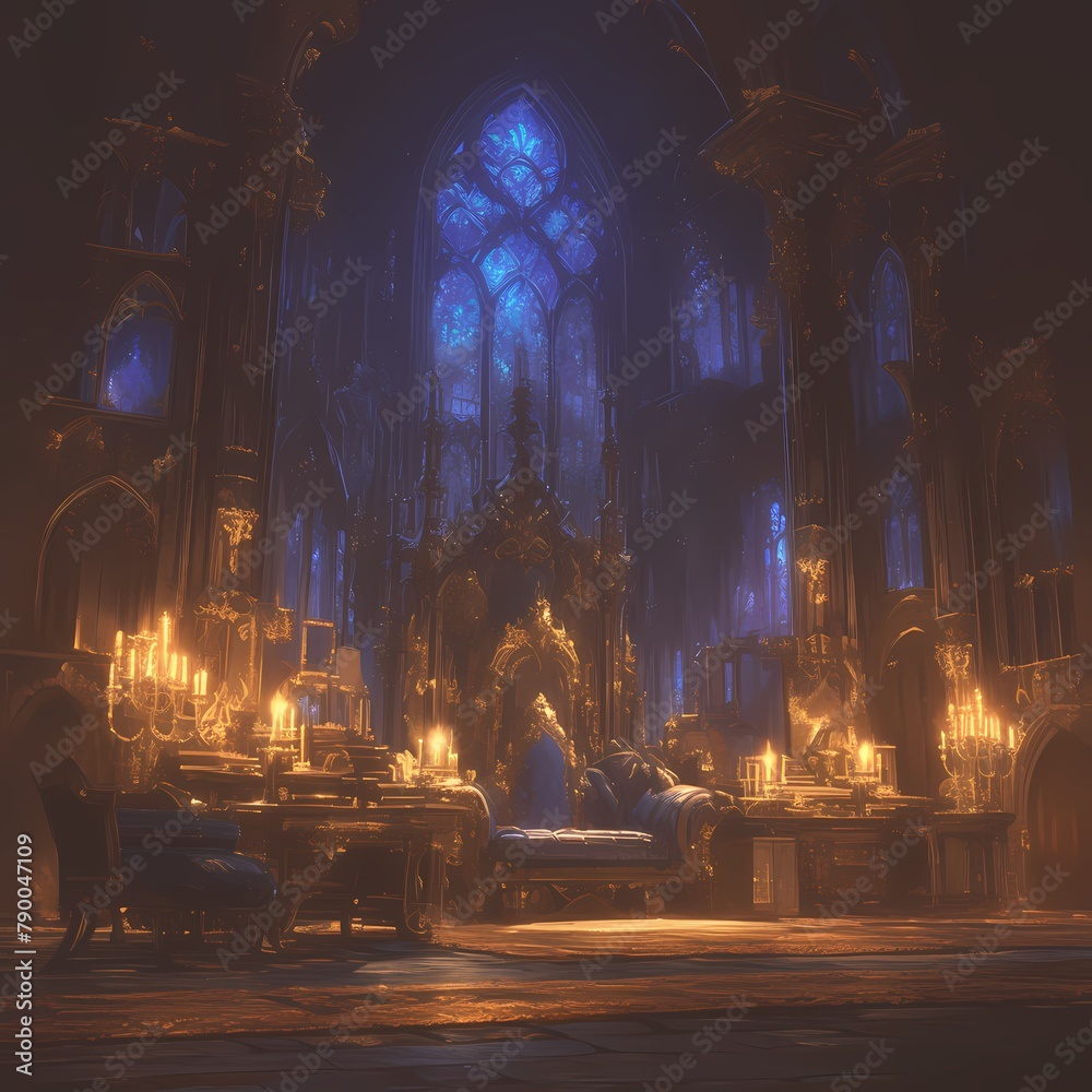 An opulent and deserted cathedral hall, featuring rich stained glass ...