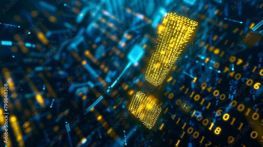 digital yellow exclamation mark icon with binary code, ai in alert ...