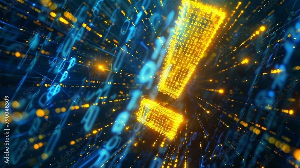 digital yellow exclamation mark icon with binary code, ai in alert ...