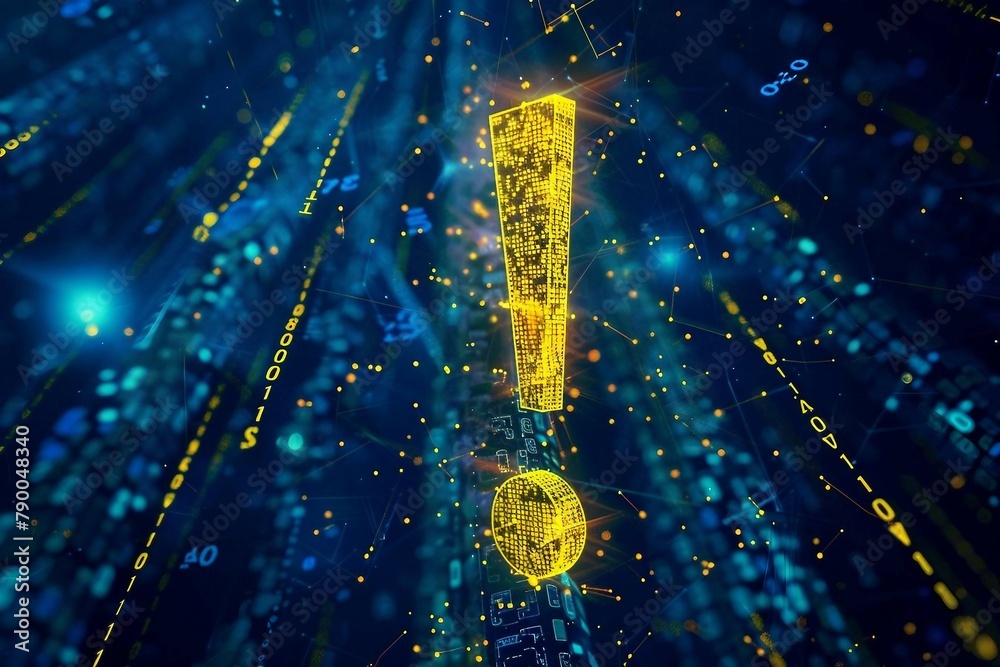 digital yellow exclamation mark icon with binary code, ai in alert ...