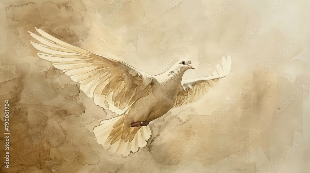Watercolor painting of a flying pigeon. It is designated as a symbol of ...