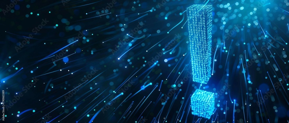 digital blue exclamation mark icon with glowing data streams, ai in ...