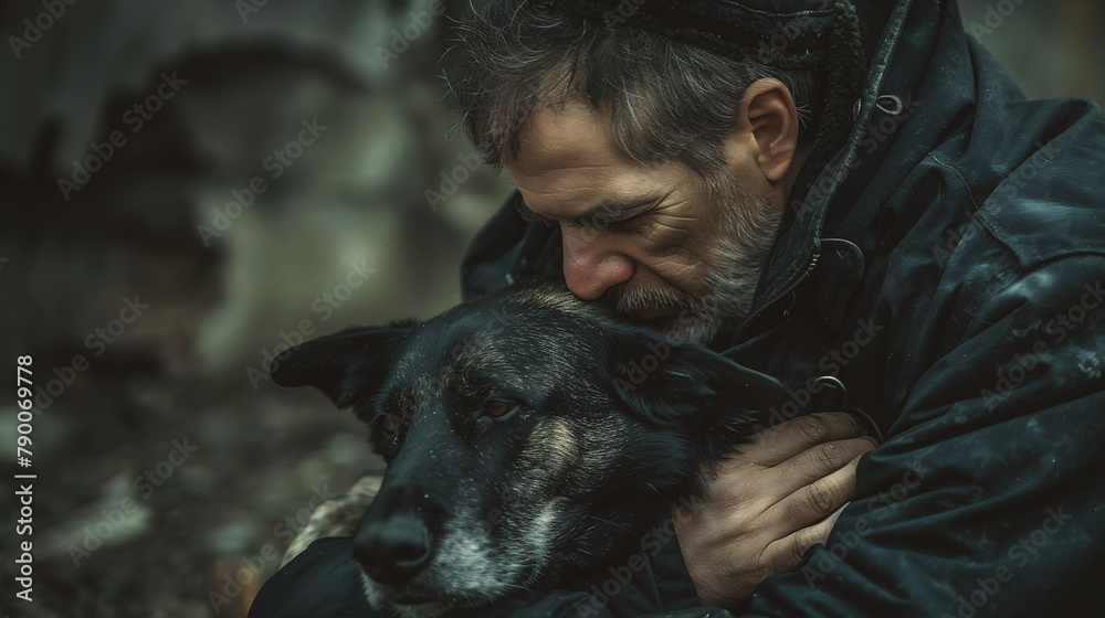 Poor homeless man with a dog. Homelessness and poverty concept. Stock ...