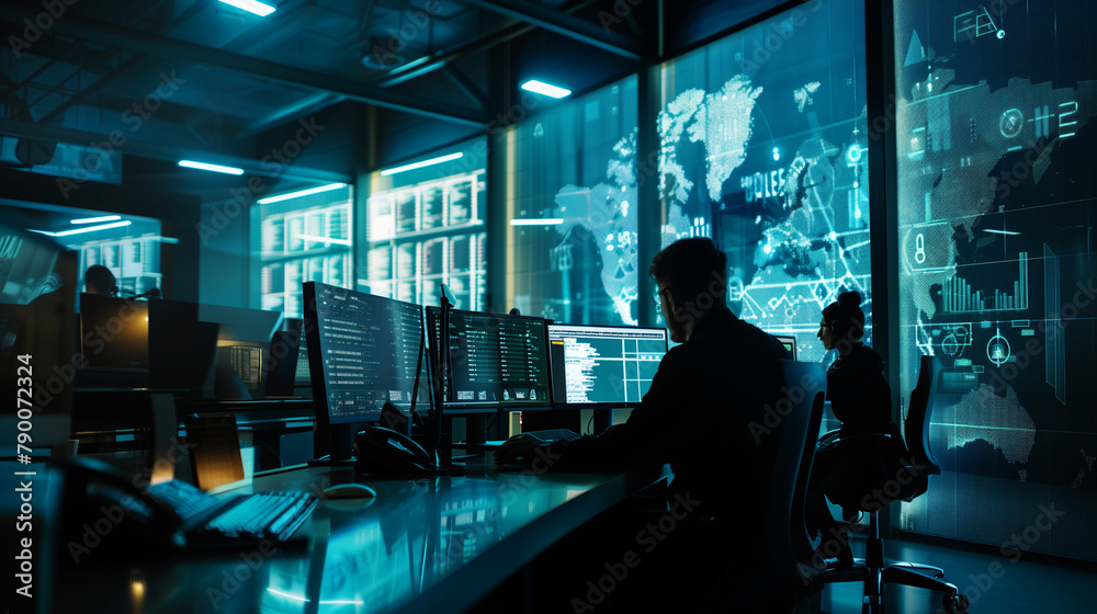 Cybersecurity professionals conduct a cyber attack simulation in a high ...