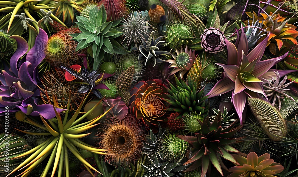 Illustrate a stunning array of rare plant specimens with intricate ...