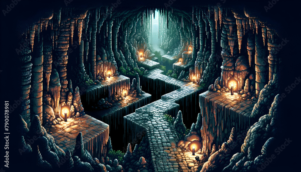 Pixel Art of a Mystical Cave with Illuminated Pathways, this intricate ...