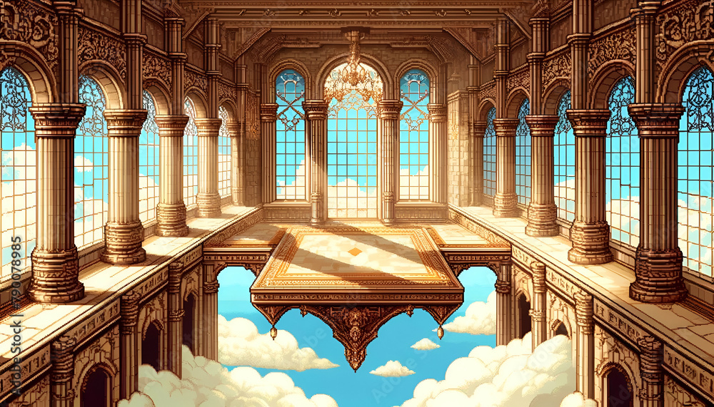 Floating Castle Interior in Pixel Art Style, An imaginative pixel art ...