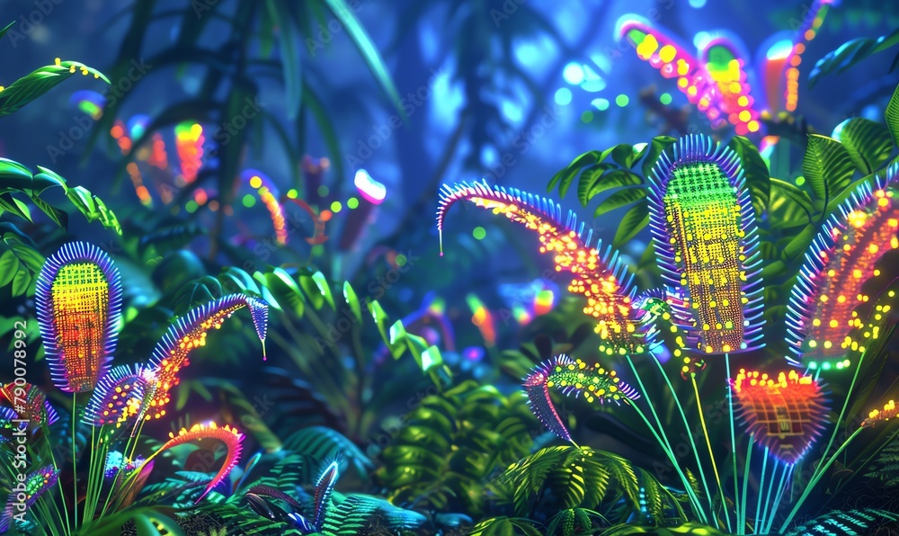 Illustrate a whimsical, pixelated jungle scene featuring surreal ...
