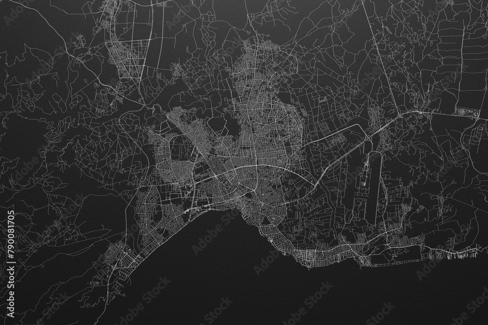 Street map of Antalya (Turkey) on black paper with light coming from ...