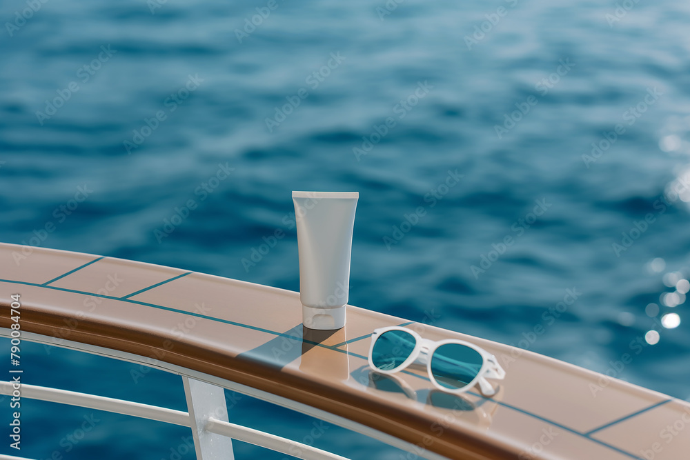 Mockup of a sunscreen container and sunglasses on a railing on the deck ...