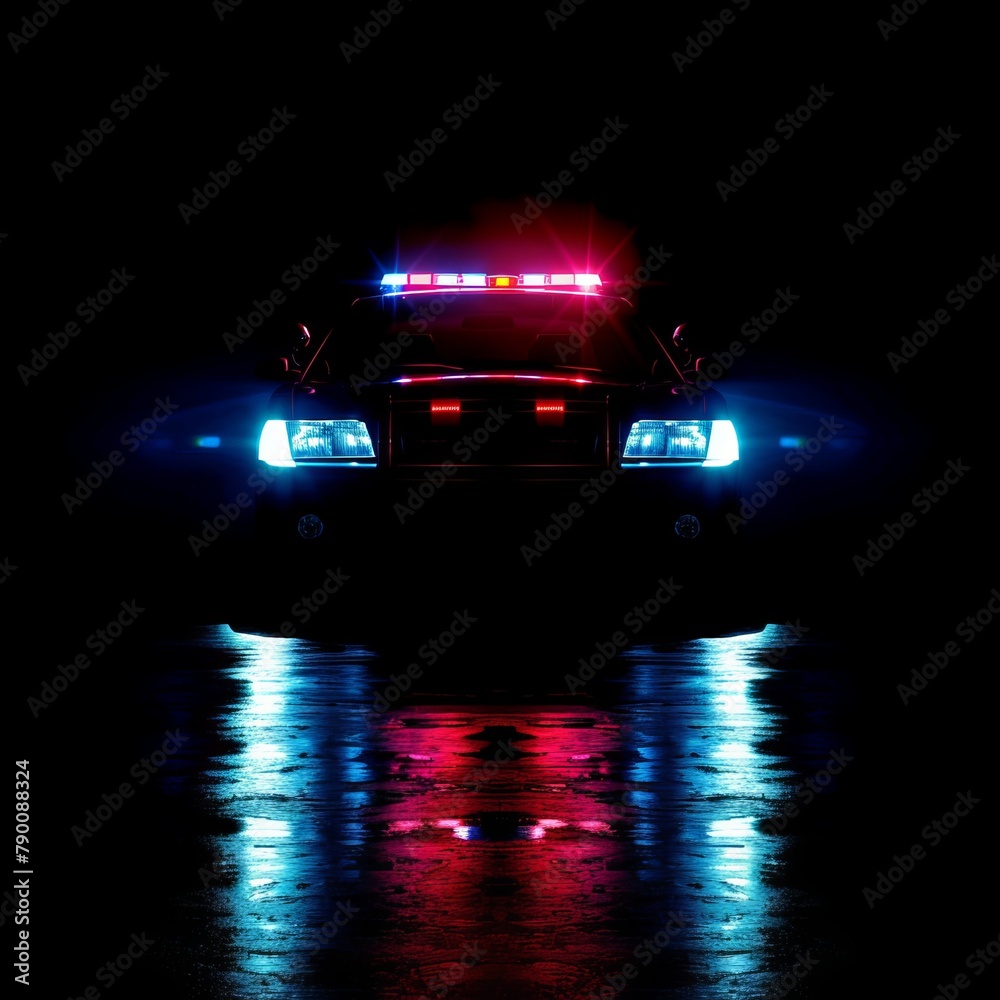 Police car with sirens on at night, parked on a wet road against a ...
