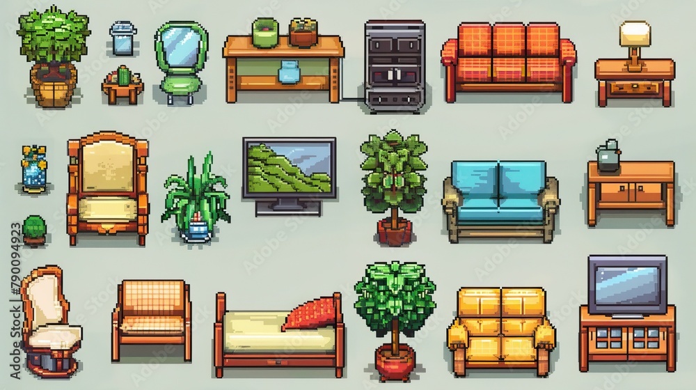 pixel art set isolated home living room, furniture items, including ...