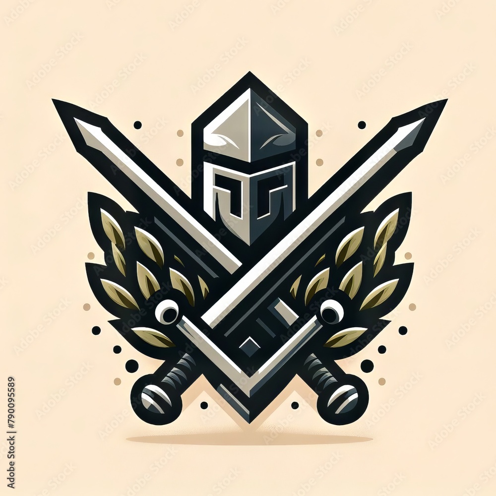 Stylized Medieval Knight Emblem with Crossed Swords, Shield, and Laurel ...