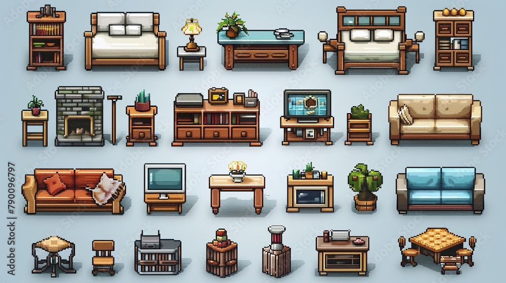 pixel art set isolated home living room, furniture items, including ...