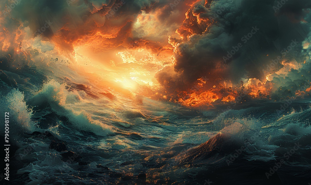 Cosmic Ocean Turmoil, This surreal artwork captures a tumultuous sea ...