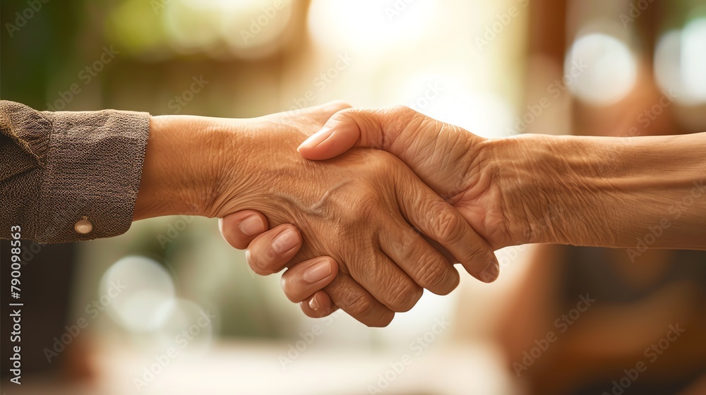 A close-up view of a multigenerational handshake, under bright, clear lighting, symbolizing ...