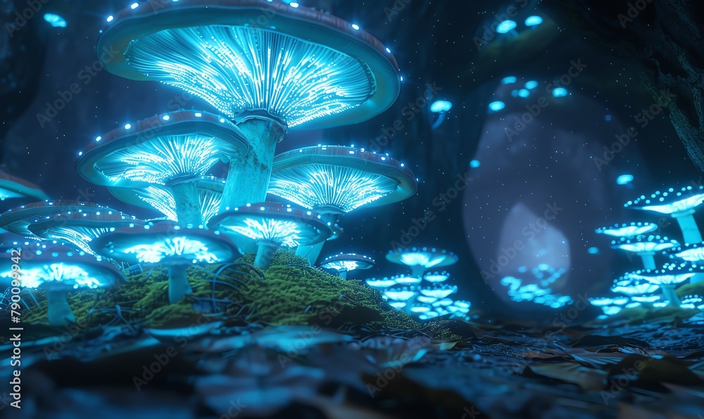 Produce a digital rendering of a rare, bioluminescent mushroom forest ...