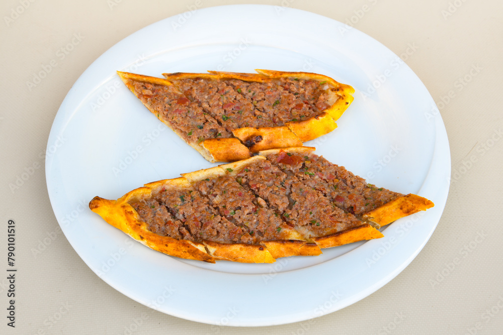 Kiymali pide. Turkish pide with minced meat. Turkish pizza mince pita ...