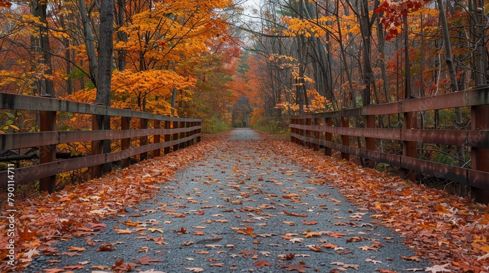 Pathway lined with autumn leaves and towering trees, showcasing the ...