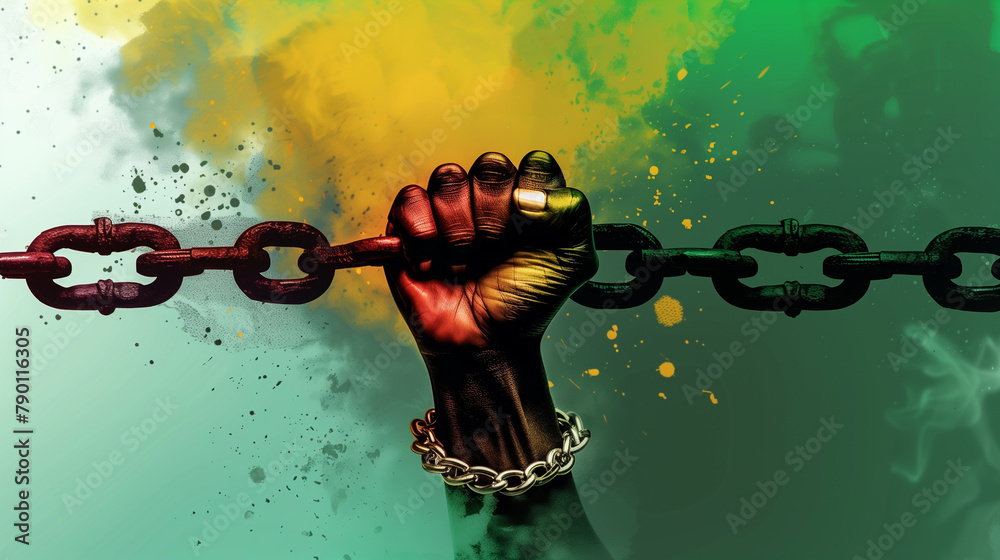 a hand clenched into a fist breaks the chain, for freedom against ...