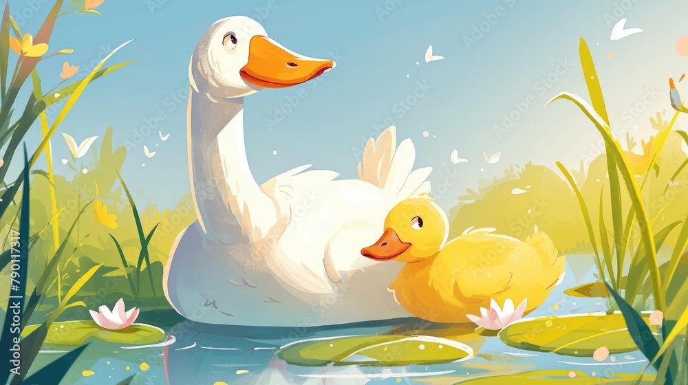 Cartoon Illustration Depicting a Mother Goose and her Gosling Stock ...