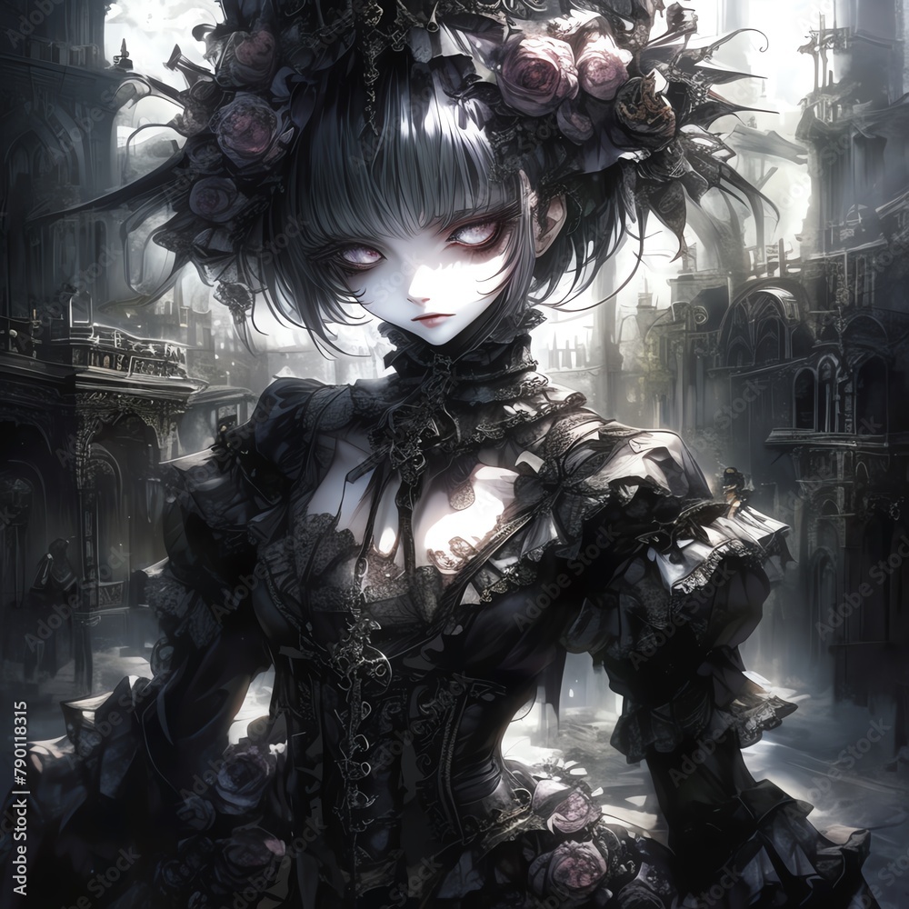 A gothic anime girl model with dark, dramatic makeup and ornate ...