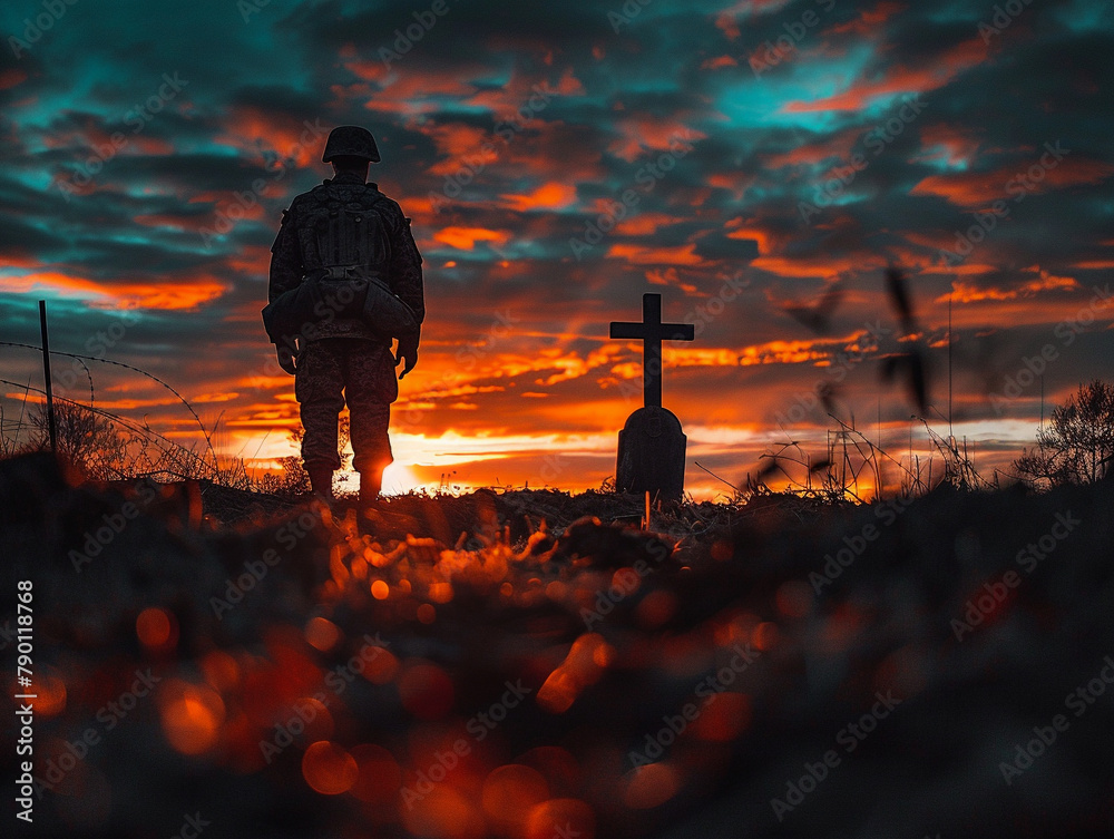 Sad military soldier army respect remembrance standing at memorial ...