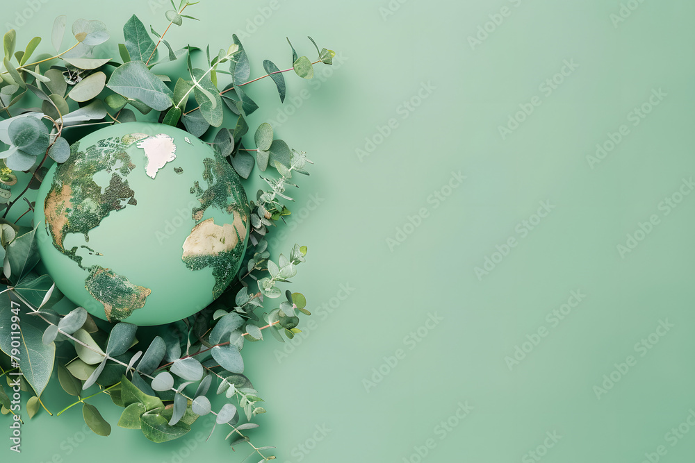 Eco-friendly products and green leaves forming a globe, isolated on a ...