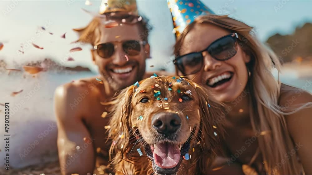Joyful Birthday Trio: Couple & Dog with Confetti. Concept Birthday ...