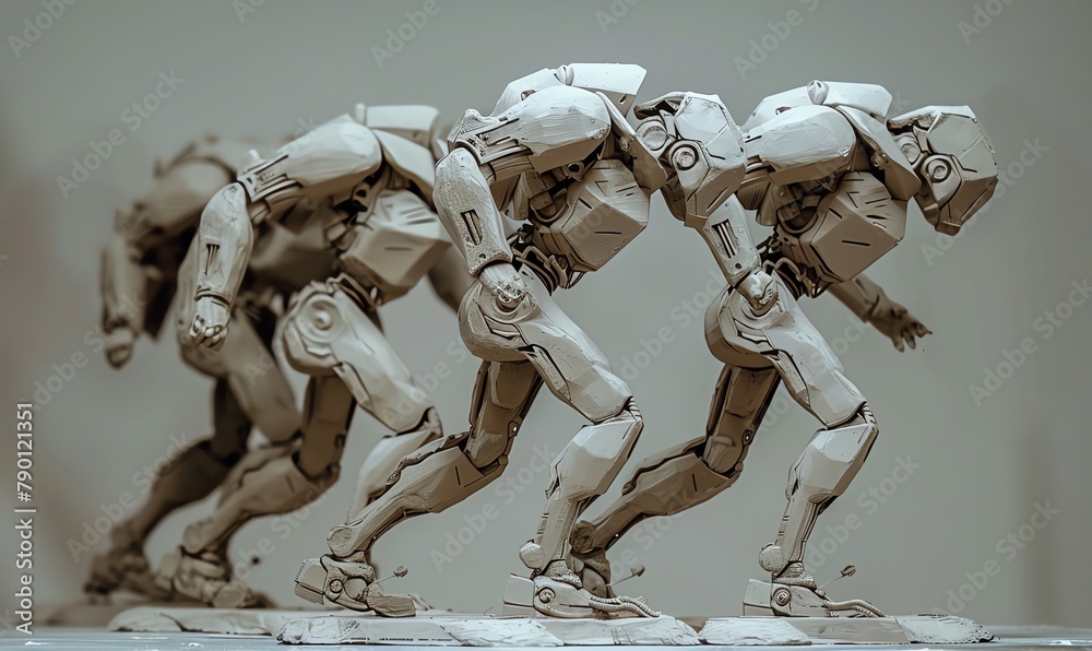 Craft a clay sculpture of rear view autonomous robots in a dynamic pose ...