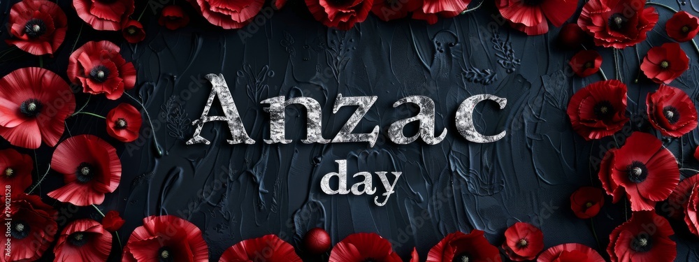 Anzac Day - lettering calligraphy text, poppy flowers on dark ...