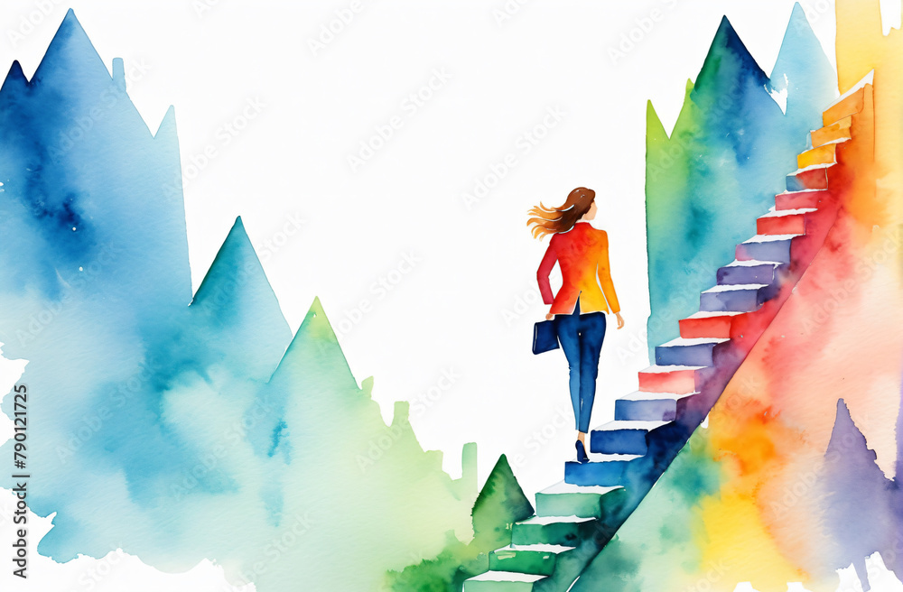 climbing to the top along a career path, moving up to success, simple ...