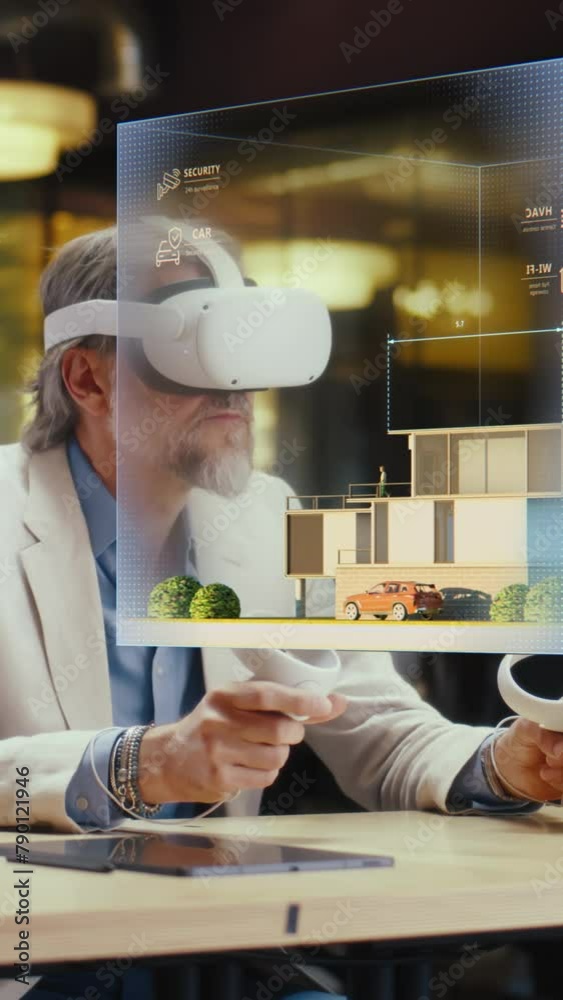 Male designer uses VR headset and wireless controllers, makes ...