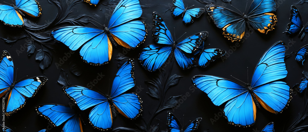 3D painting of swarming phosphorescent blue butterflies at night, black ...