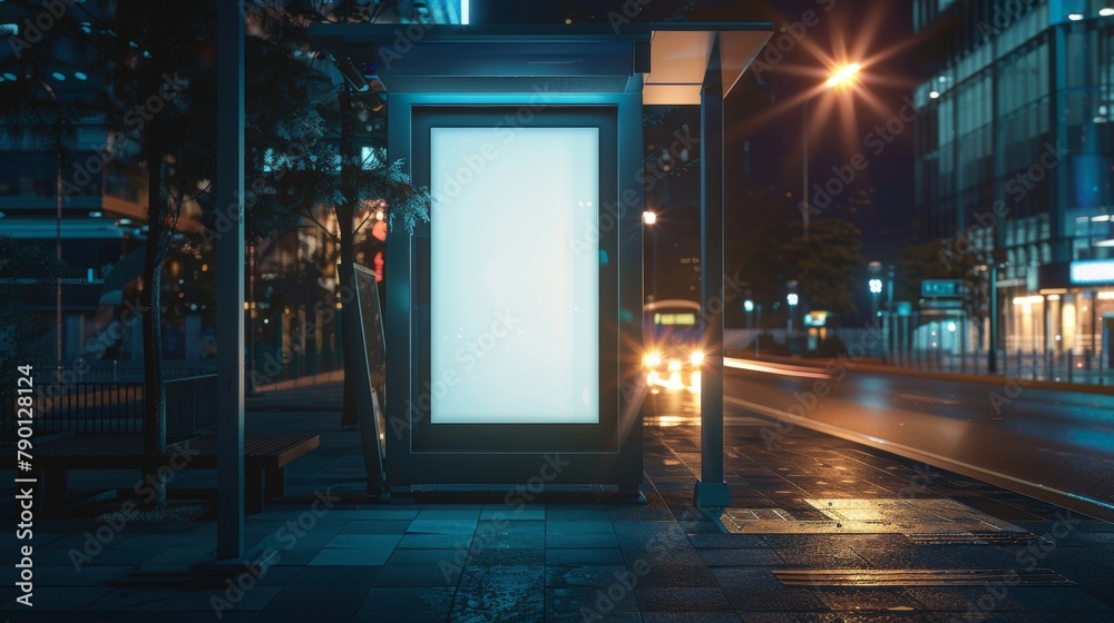 Blank white mockup of a vertical light box at night on a bus stop Stock ...