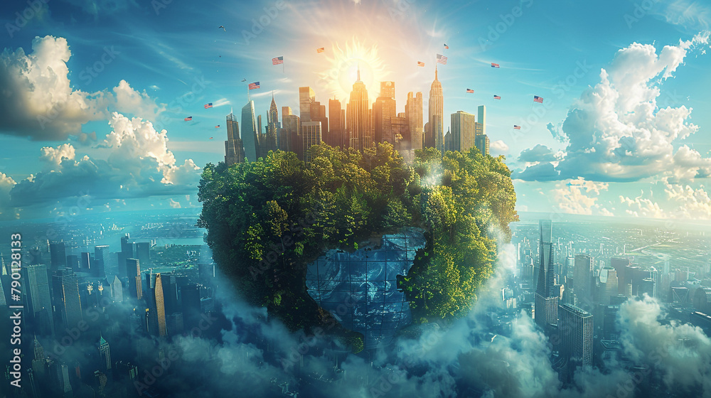 A globe with buildings and trees encircling its circumference, adorned ...