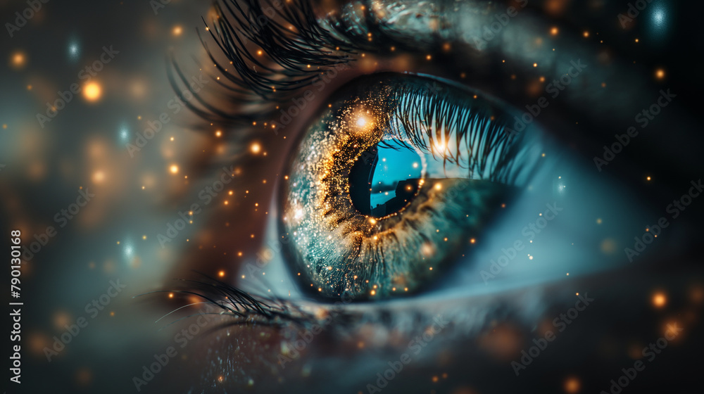 Ethereal illustration of a human eye, with the iris revealing a galaxy ...