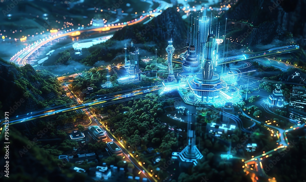 Illustrate a groundbreaking CG 3D rendering of an aerial smart grid ...