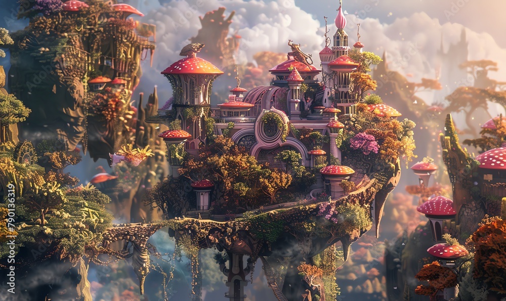 Illustrate a whimsical fantasy world set in a tilted angle view, filled ...