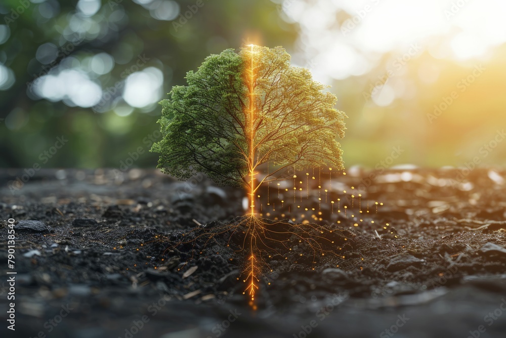 Diagonal split screen of a tree growing and a graph rising, parallel ...