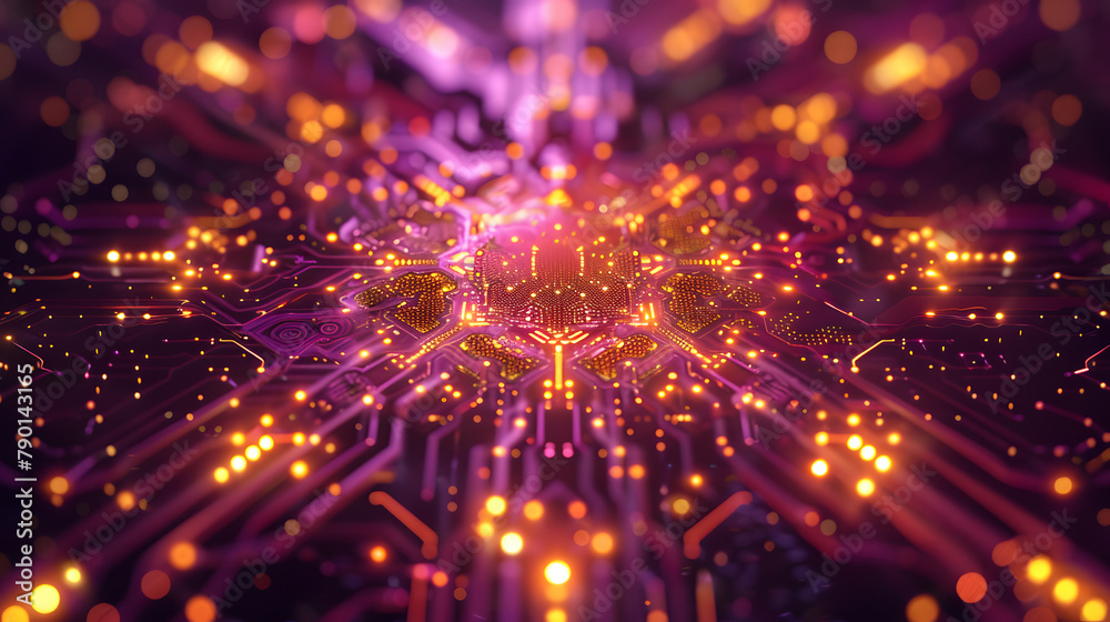 Abstract futuristic technology background with amber and violet lights ...