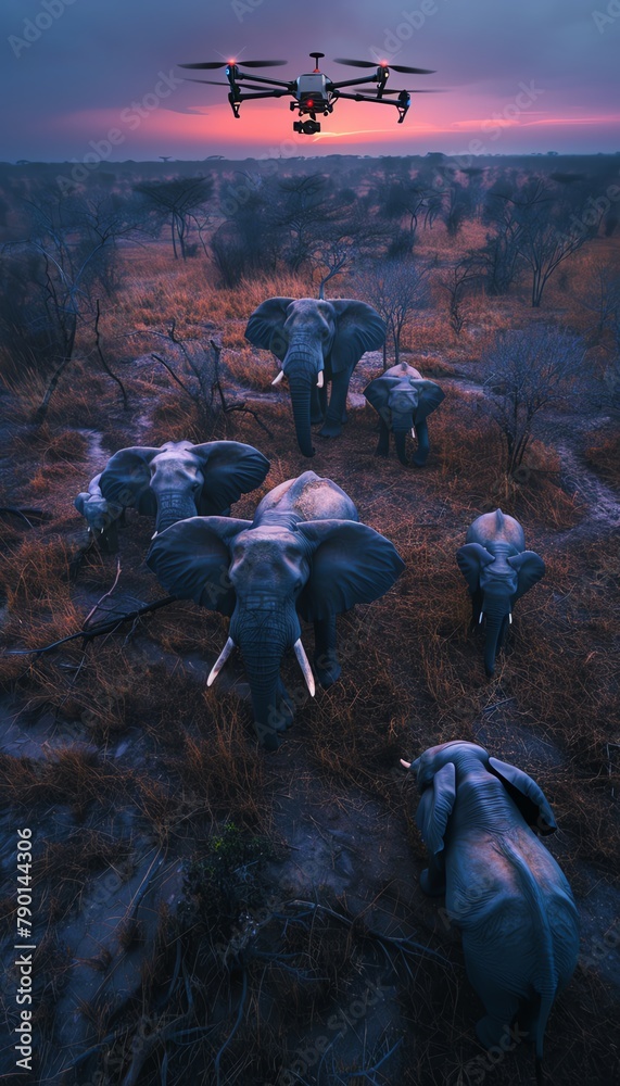 Illuminate a sleek drone scanning a family of elephants at dusk ...