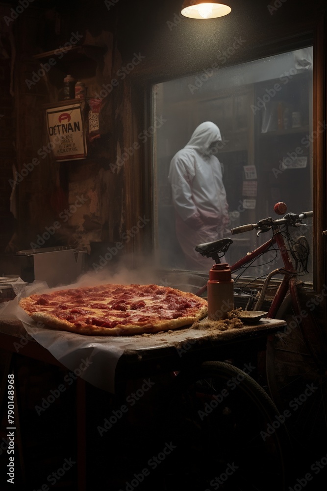 A haunted pizza parlor where ghostly chefs toss ethereal dough and ...